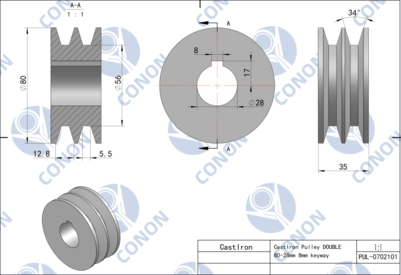 Cast Iron Single Groove Pulley 90mm shaft size 24mm millimeters
