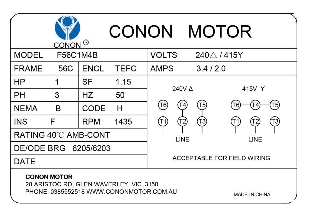 Three Phase NEMA Electric Motor 415V 0.75kW 1HP 1400rpm FRAME 56 1Ph ...