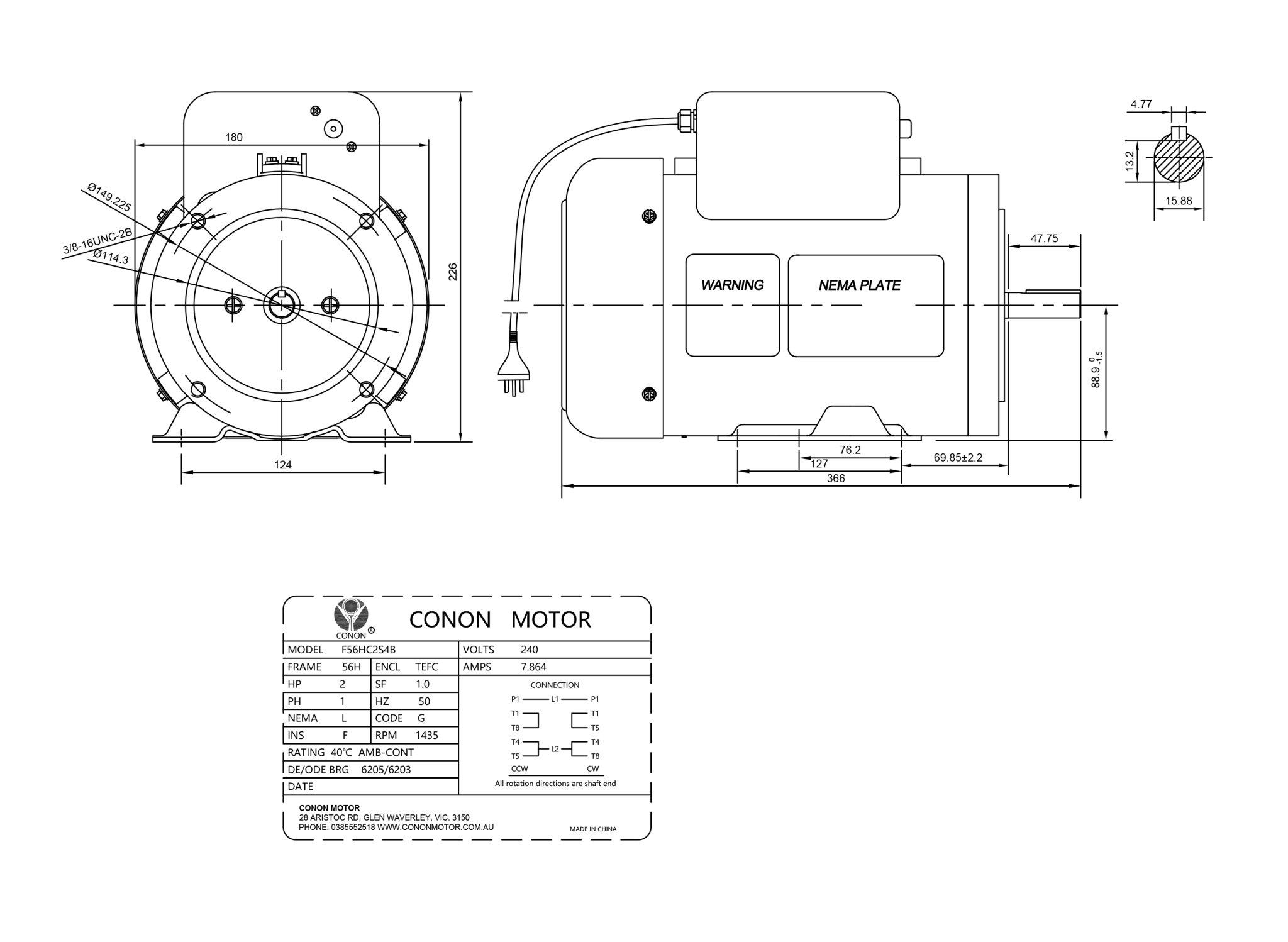 Single Phase NEMA Electric Motor 240V 1.5kW 2HP 1400rpm FRAME 56 1Ph ...