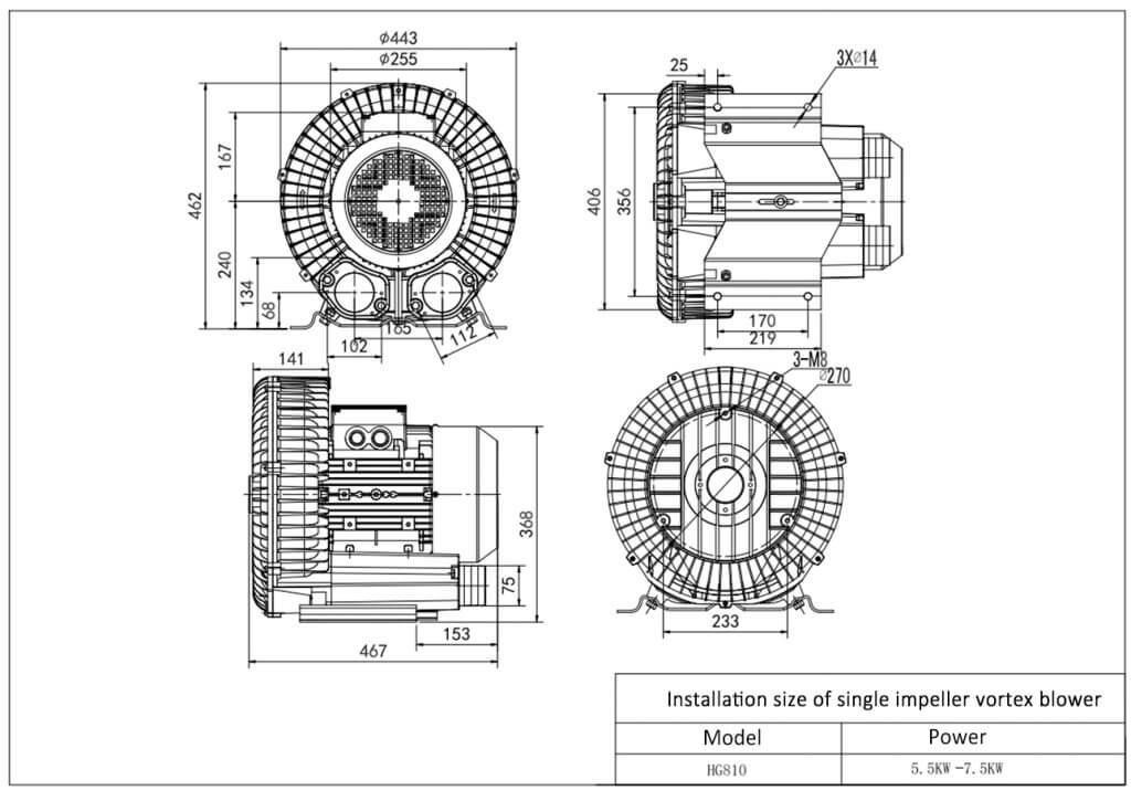 7.5kw/10HP Three phase Air blower Gas pump High pressure suction Fan